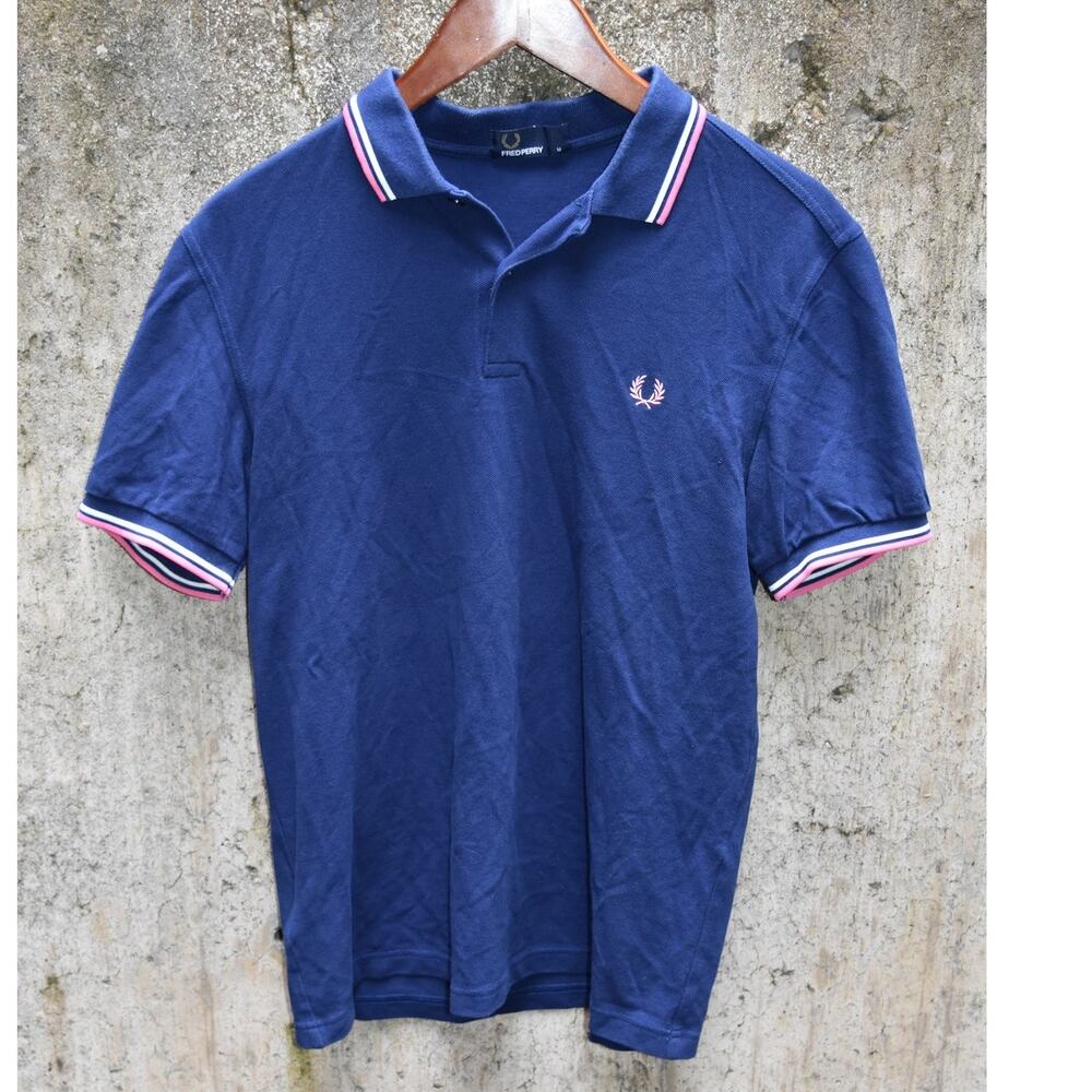 Fred Perry Navy Polo Shirt With Pink Laurel Wreath Lo… - Gem